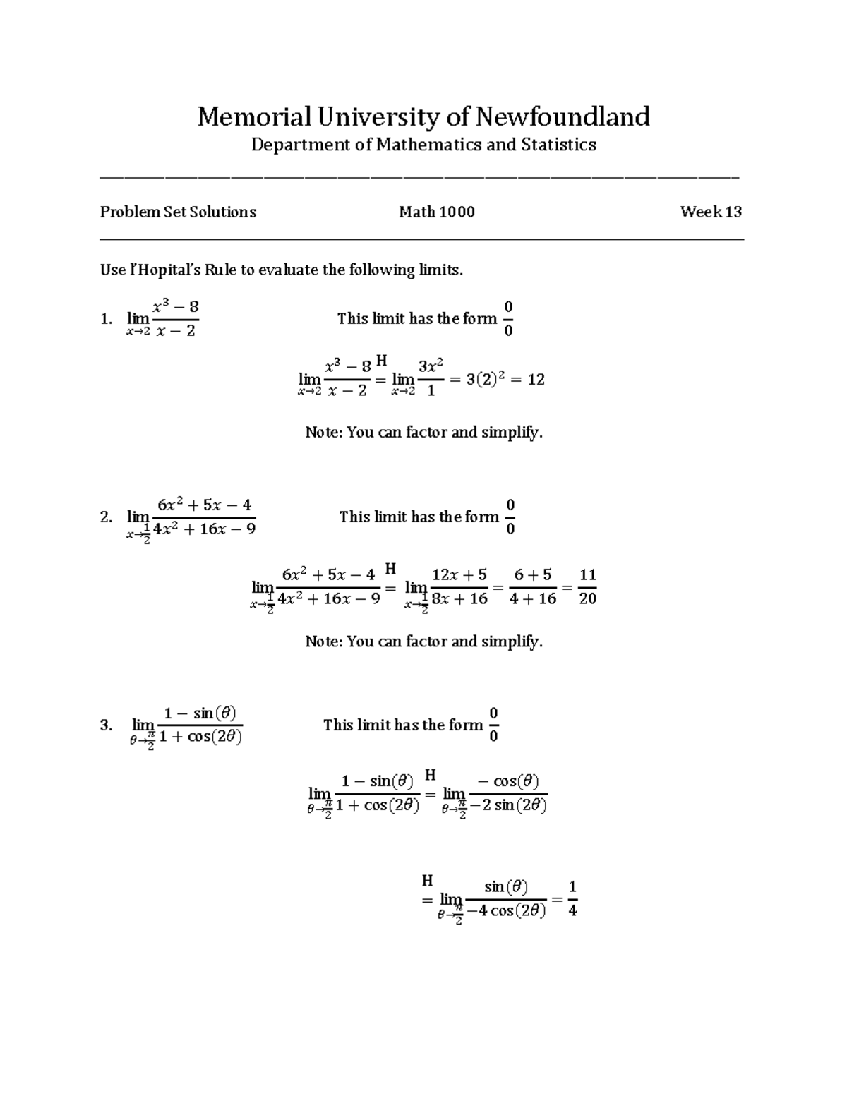 Problems Week 13 Solutions - Memorial University of Newfoundland ...