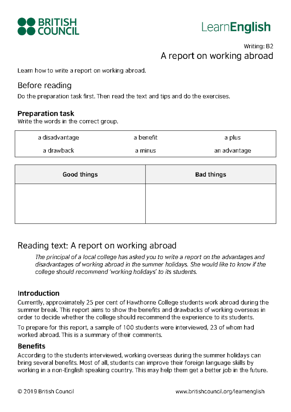Learn English Writing B2 A report on working abroad - Writing: B A ...