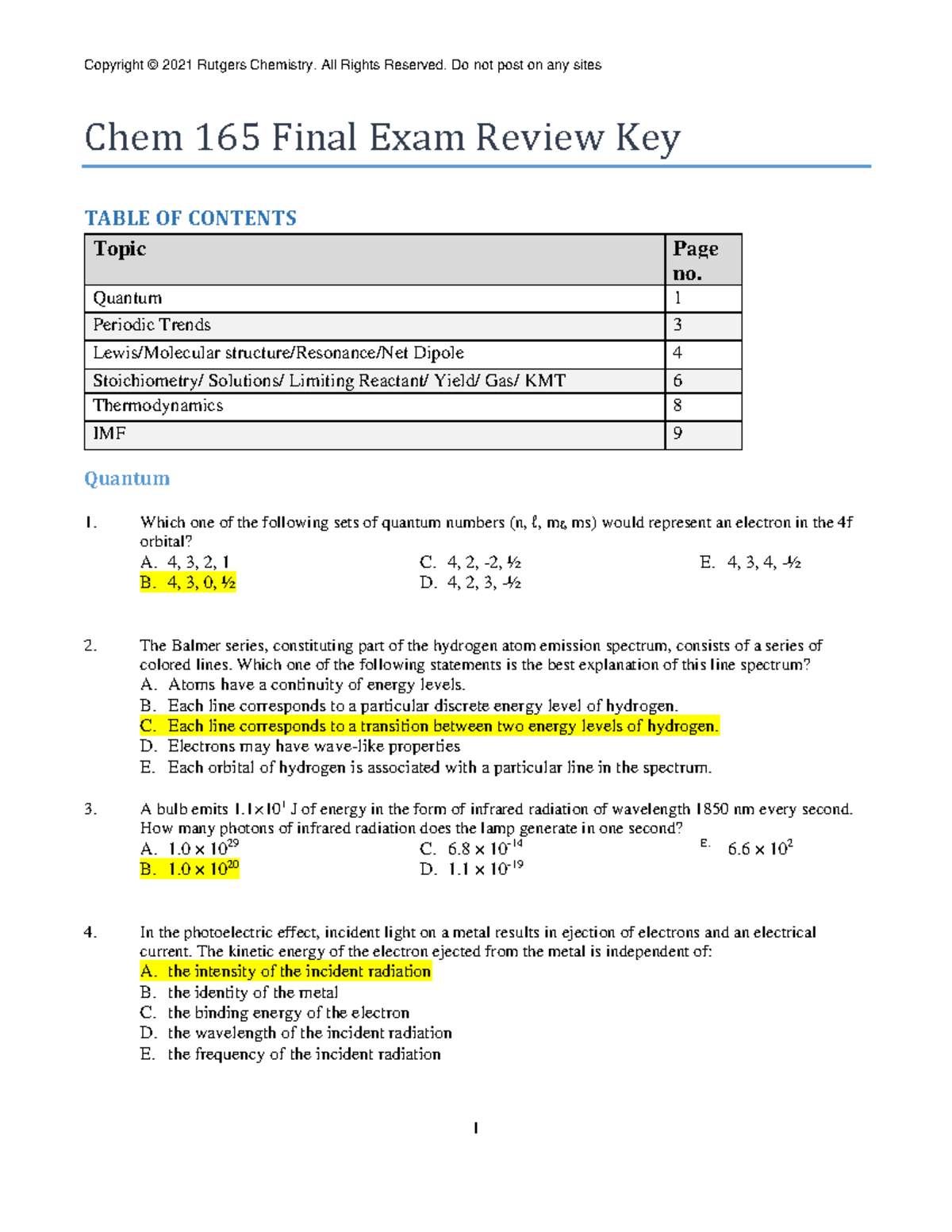 Mock Final Chem165 Fall21 Key - Chem 165 Final Exam Review Key TABLE OF ...