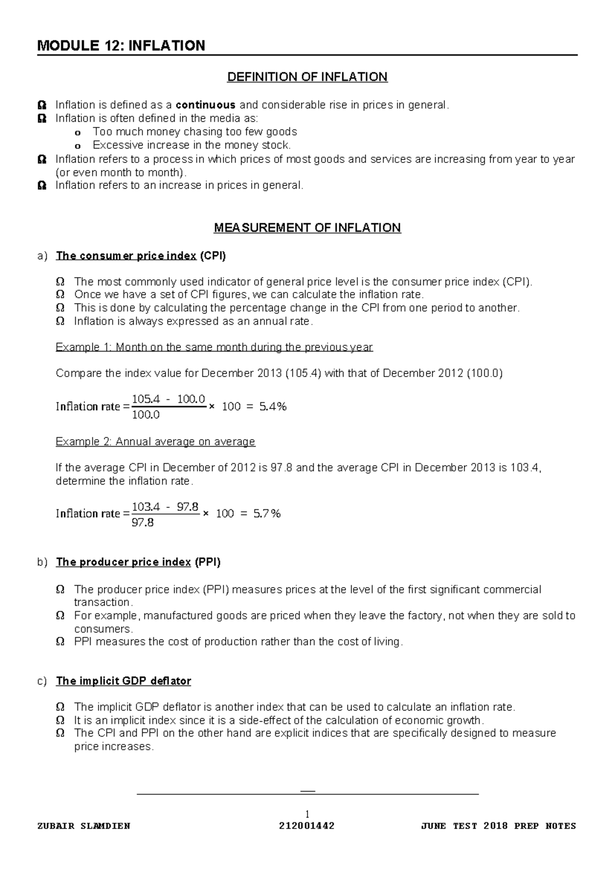 Module 12 - Revision Study Notes - MODULE 12: INFLATION DEFINITION OF ...
