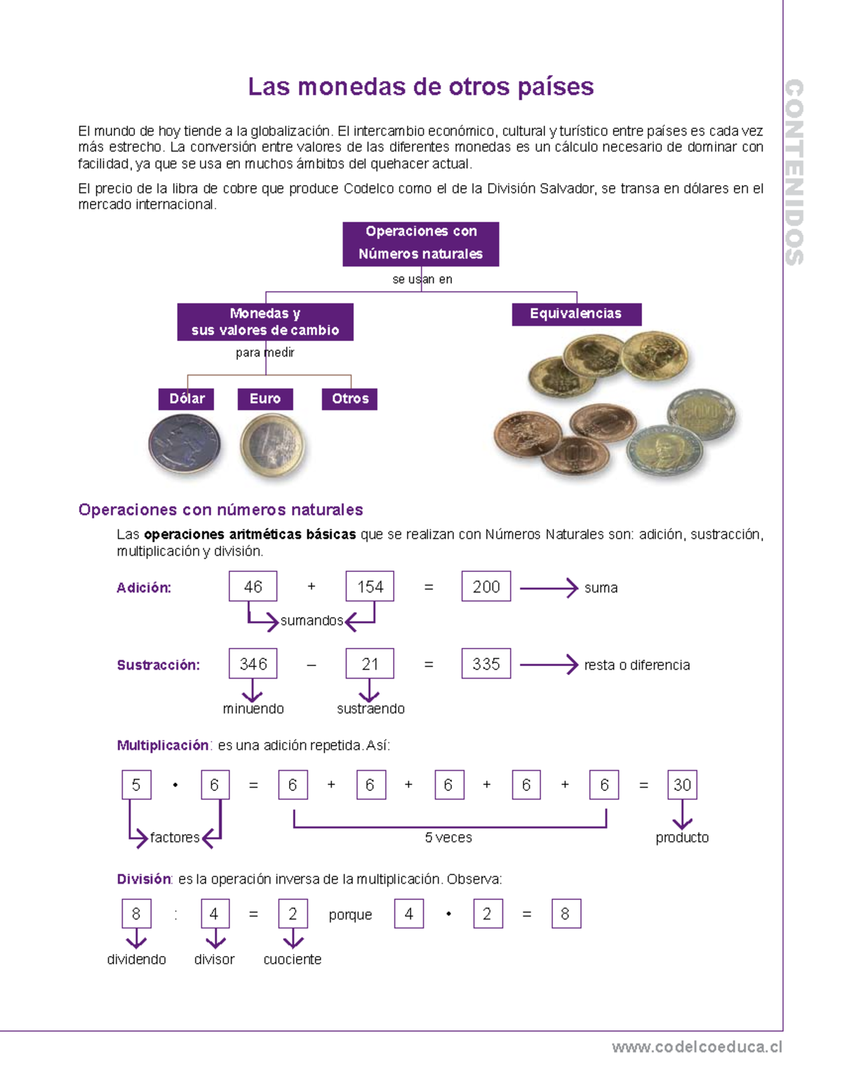 Calculo de moneda - CONTENIDOS Operaciones con Números naturales se ...
