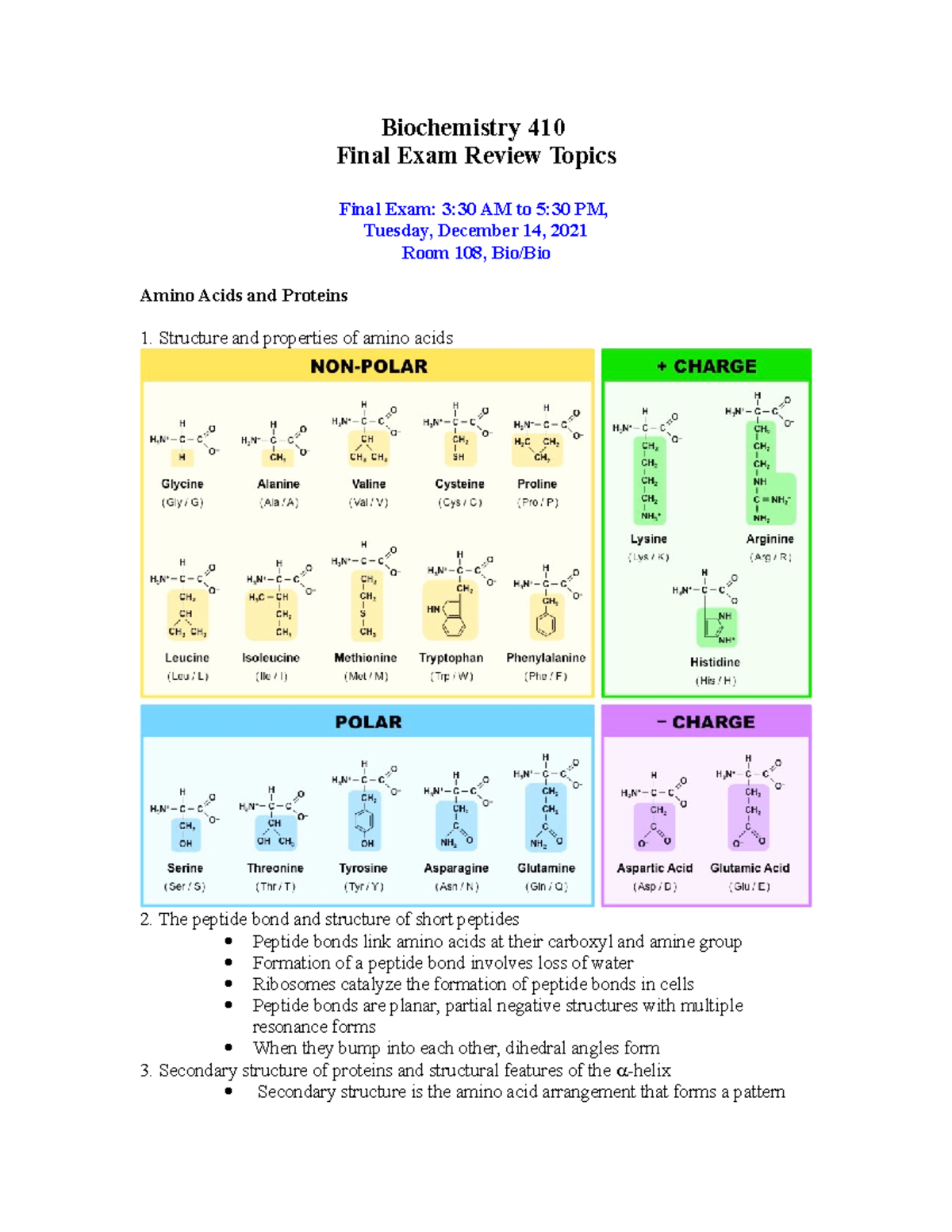 biochemistry notes final review - Biochemistry 410 Final Exam Review ...