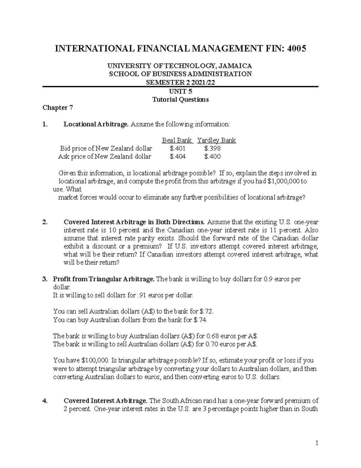 Fin 4005 IFM Unit 5 Tutorial - INTERNATIONAL FINANCIAL MANAGEMENT FIN ...