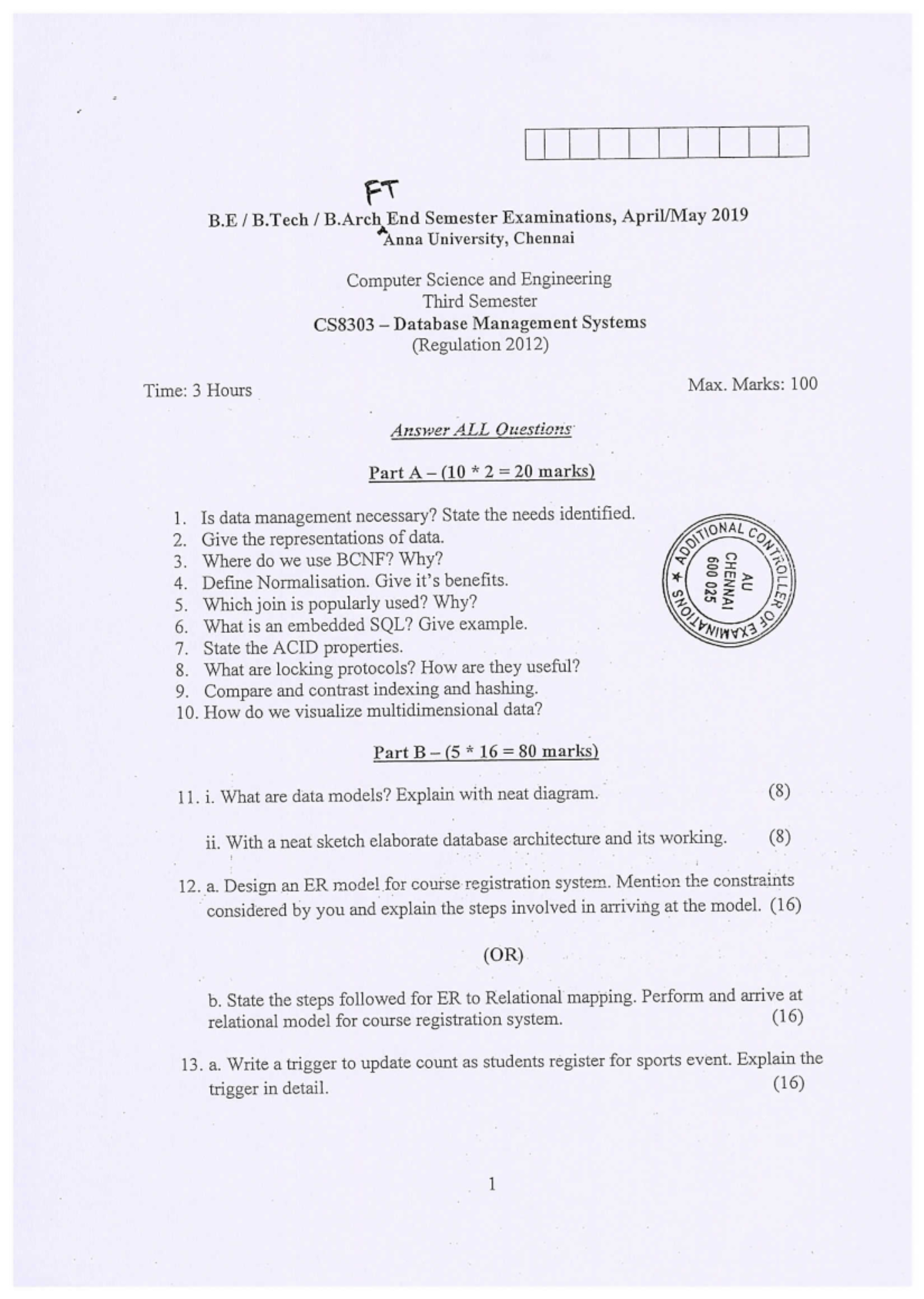 DBMS-qn-paper 1 - Apr/May 2019 - Database Management Sysytem - Studocu