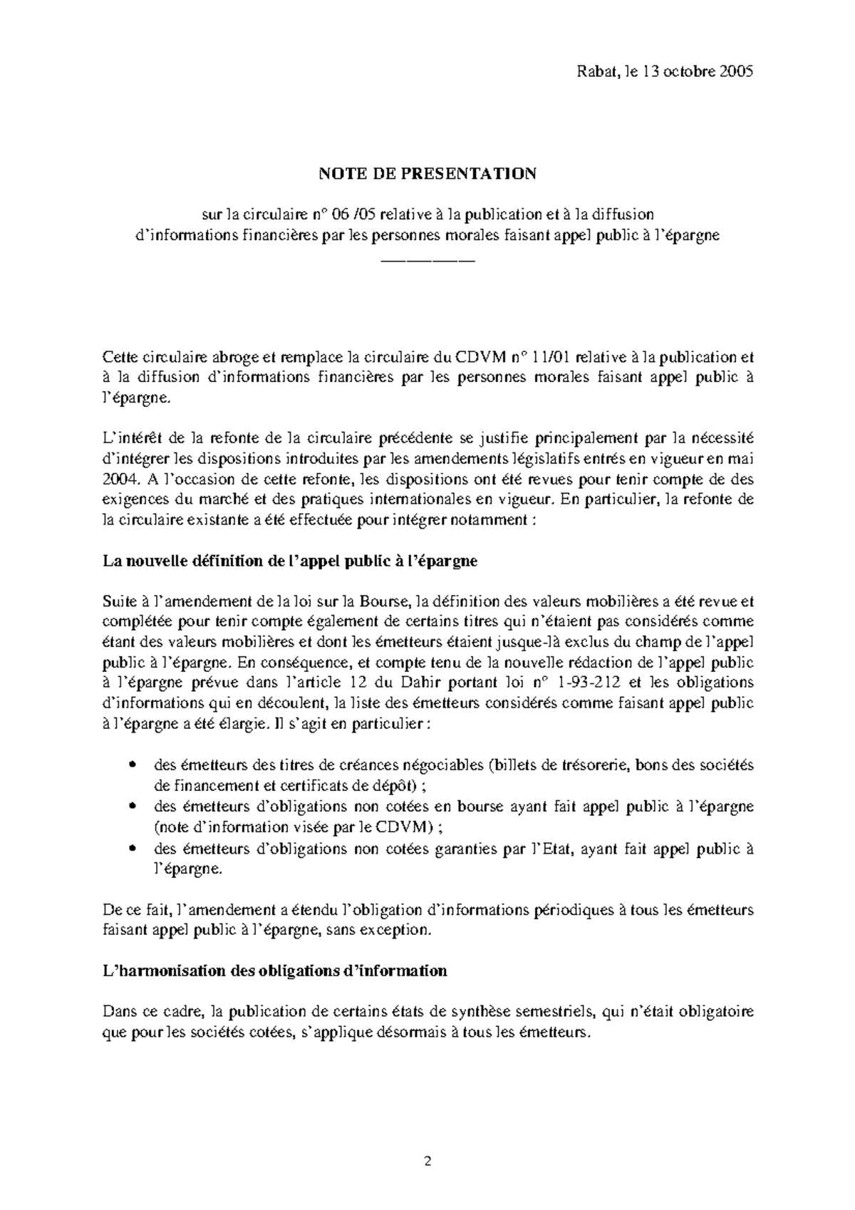 Circulaire n 06-05 informations financieres - Rabat, le 13 octobre 2005 NOTE DE PRESENTATION sur ...