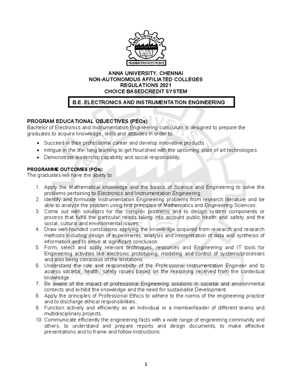 B.E. EIE - ANNA UNIVERSITY, CHENNAI NON-AUTONOMOUS AFFILIATED COLLEGES ...