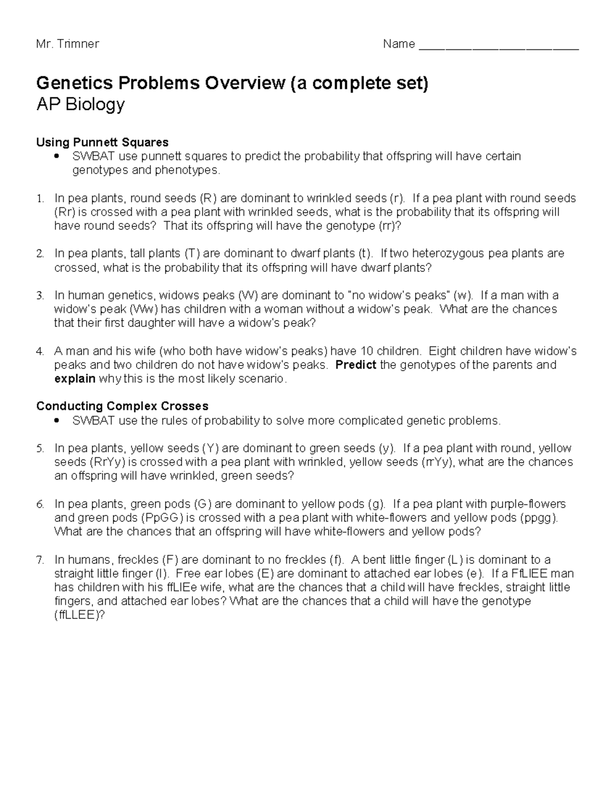 Genetic Problems Overview - Mr. Trimner Name ...