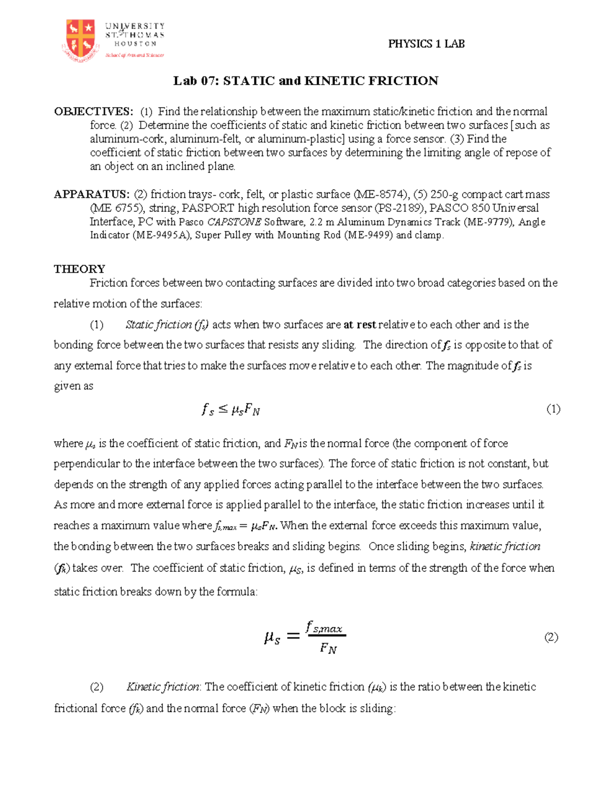 Lab 7- static and kinetic friction - Lab 07: STATIC and KINETIC ...