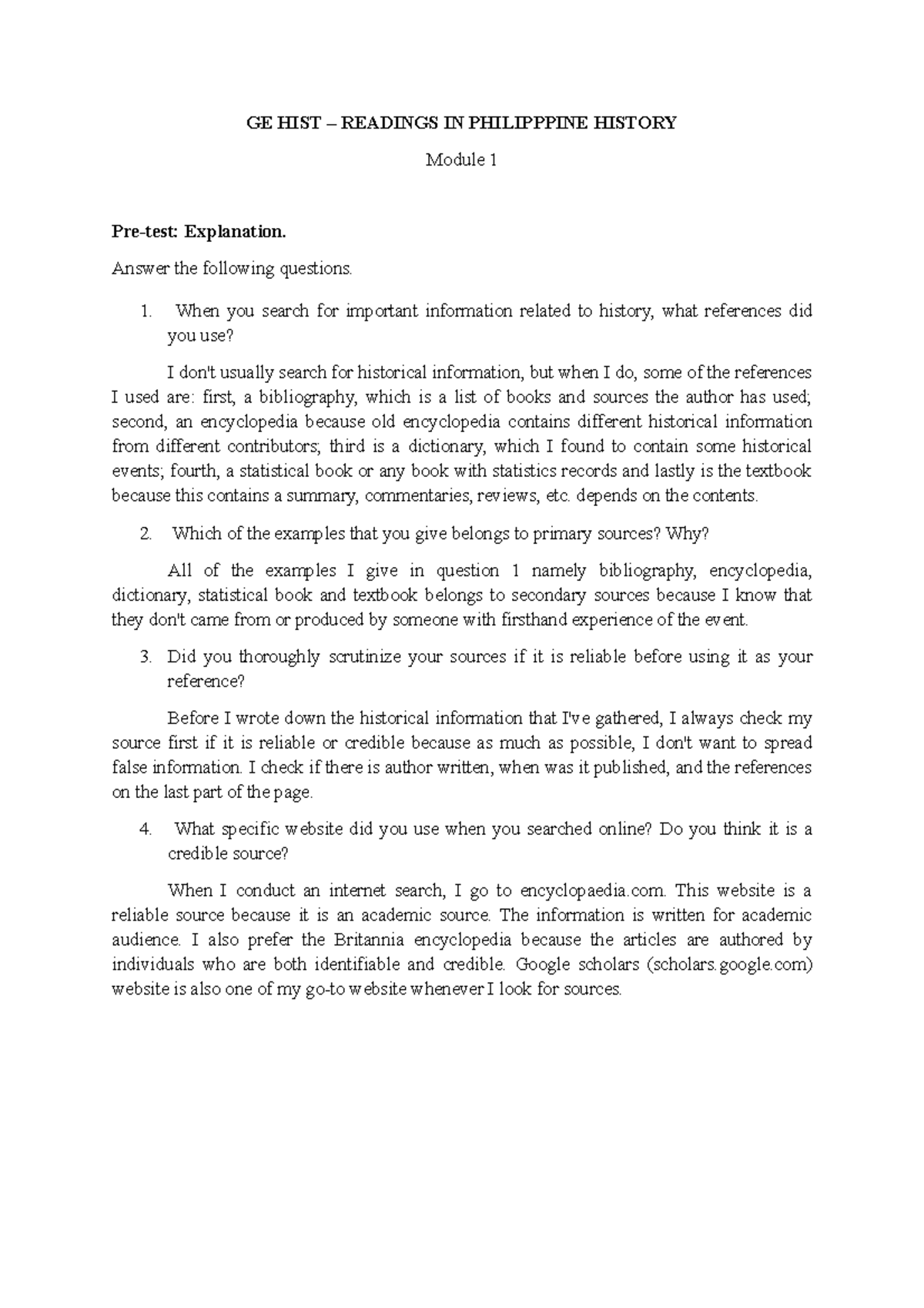 GE HIST 1. Pretest - GE HIST – READINGS IN PHILIPPPINE HISTORY Module 1 ...
