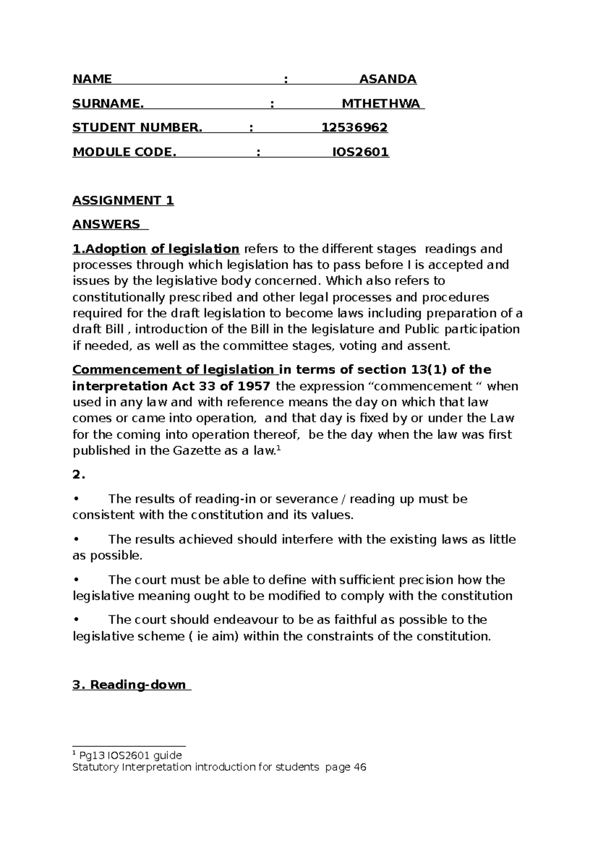 IOS2601 ass1 - Assignment - NAME : ASANDA SURNAME. : MTHETHWA STUDENT ...