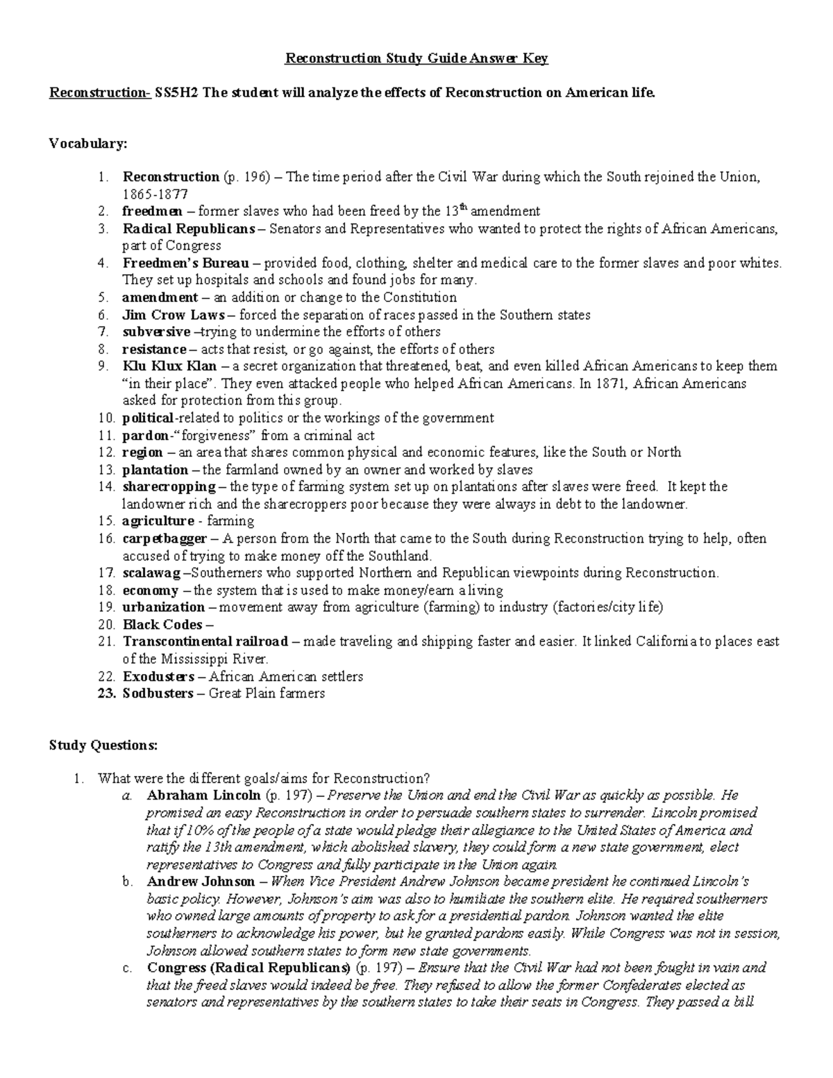 Reconstruction Study Guide Answers - Vocabulary: Reconstruction (p. 196 ...