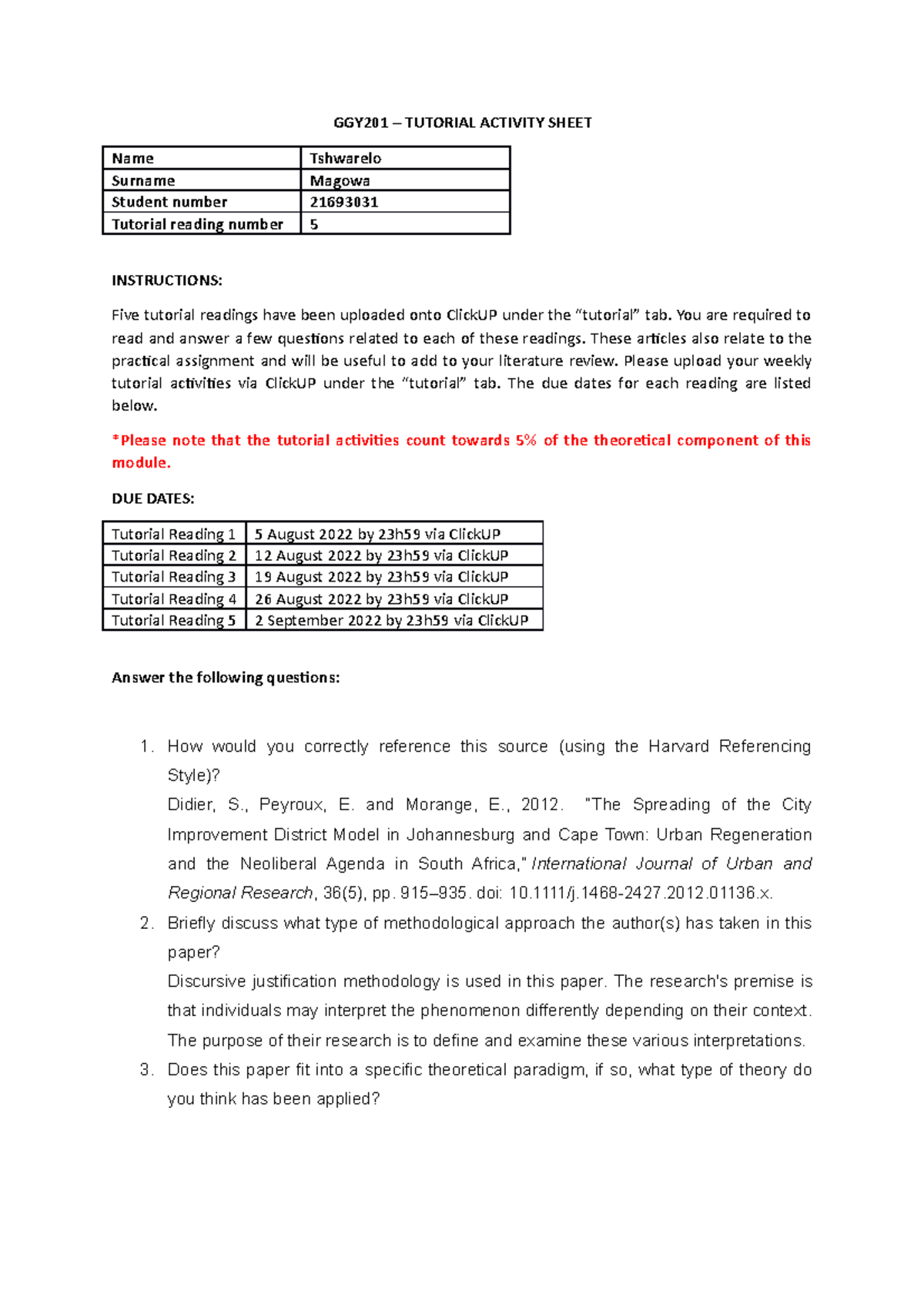 GGY201 Tutorial Activity 5. Tshwarelo - GGY201 – TUTORIAL ACTIVITY ...