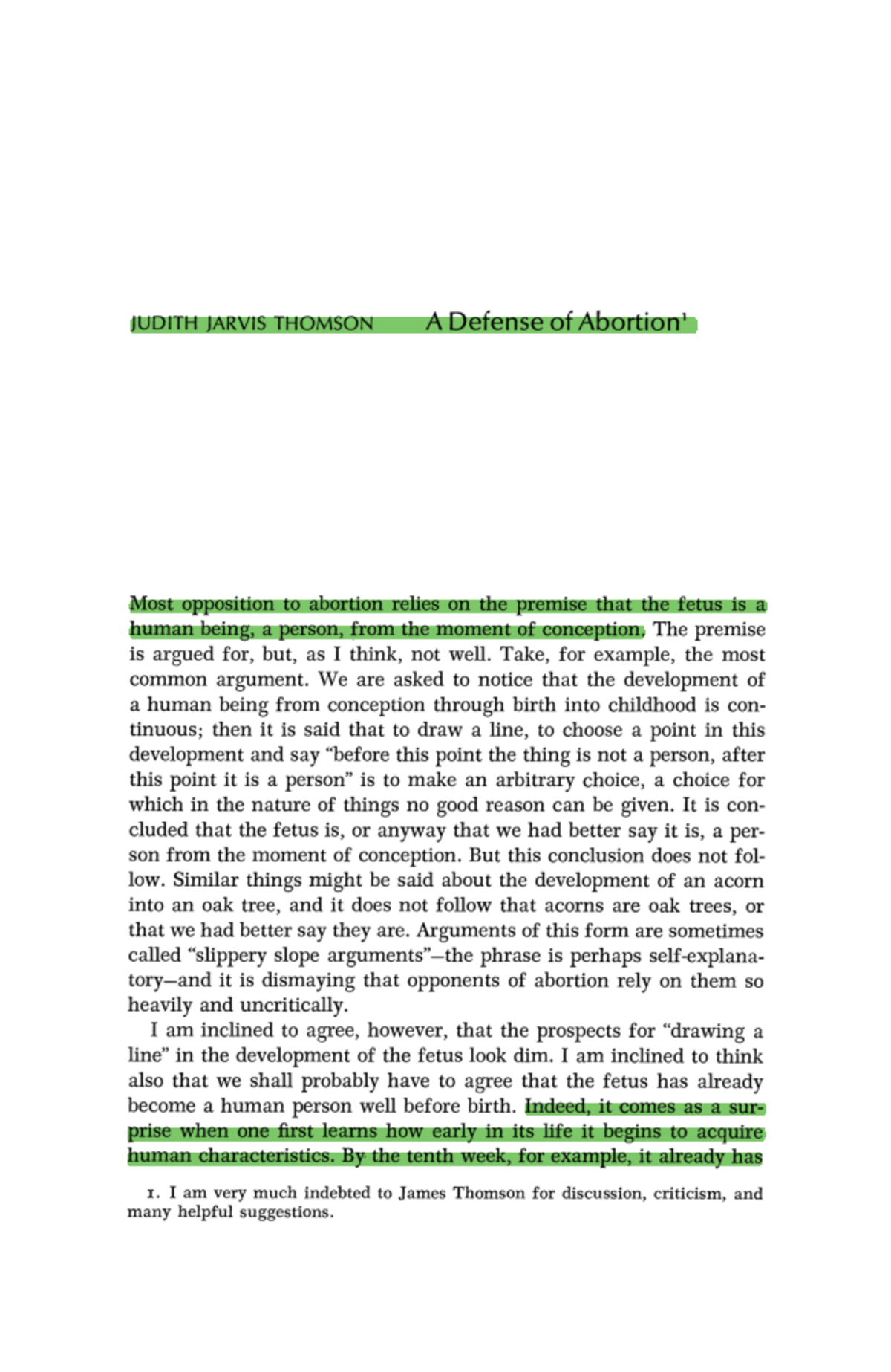 Wk 8B-Thomson Judith Jarvis, A defense of abortion - JUDITH JARVIS ...
