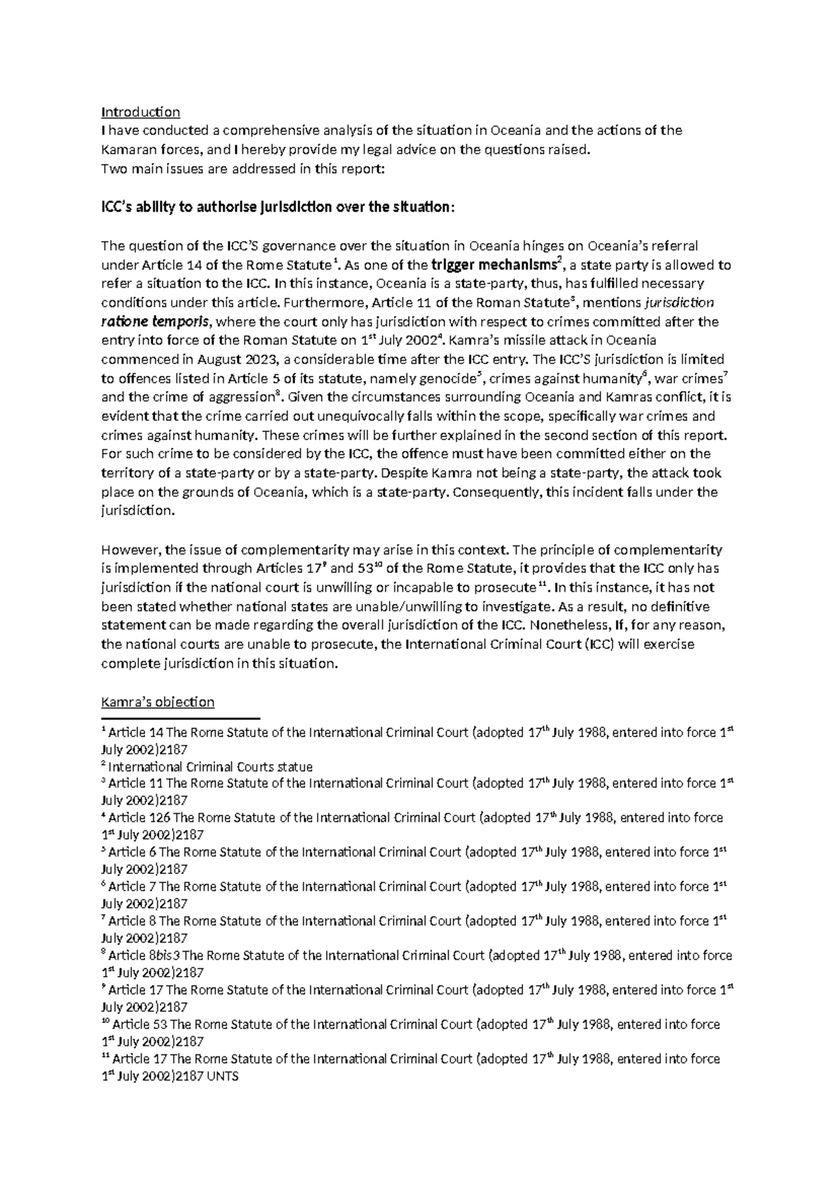 Icl - international criminal law - Introduction I have conducted a comprehensive analysis of the ...