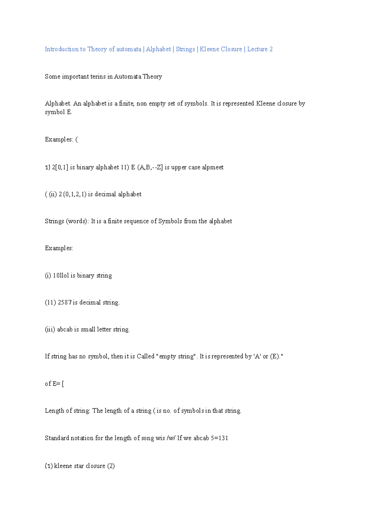 Introduction to Theory of automata 2 - An alphabet is a finite, non ...