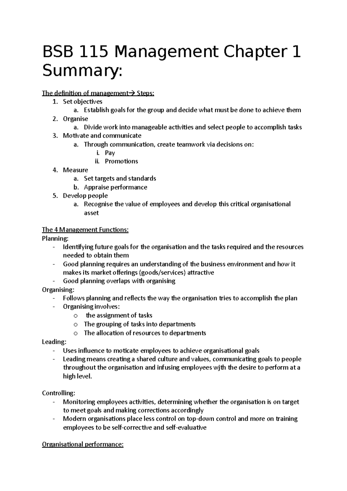 BSB 115 Management Chapter 1 Summary - BSB 115 Management Chapter 1 ...