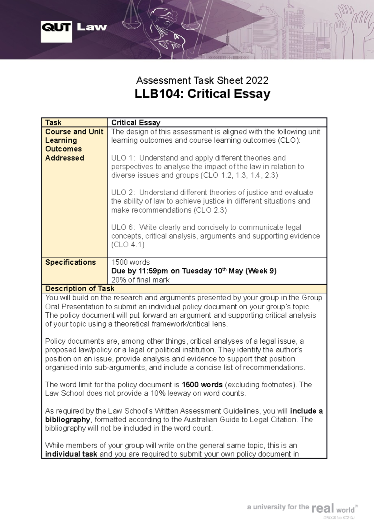 Critical Essay Task Sheet and CRA 2022 - Assessment Task Sheet 2022 ...