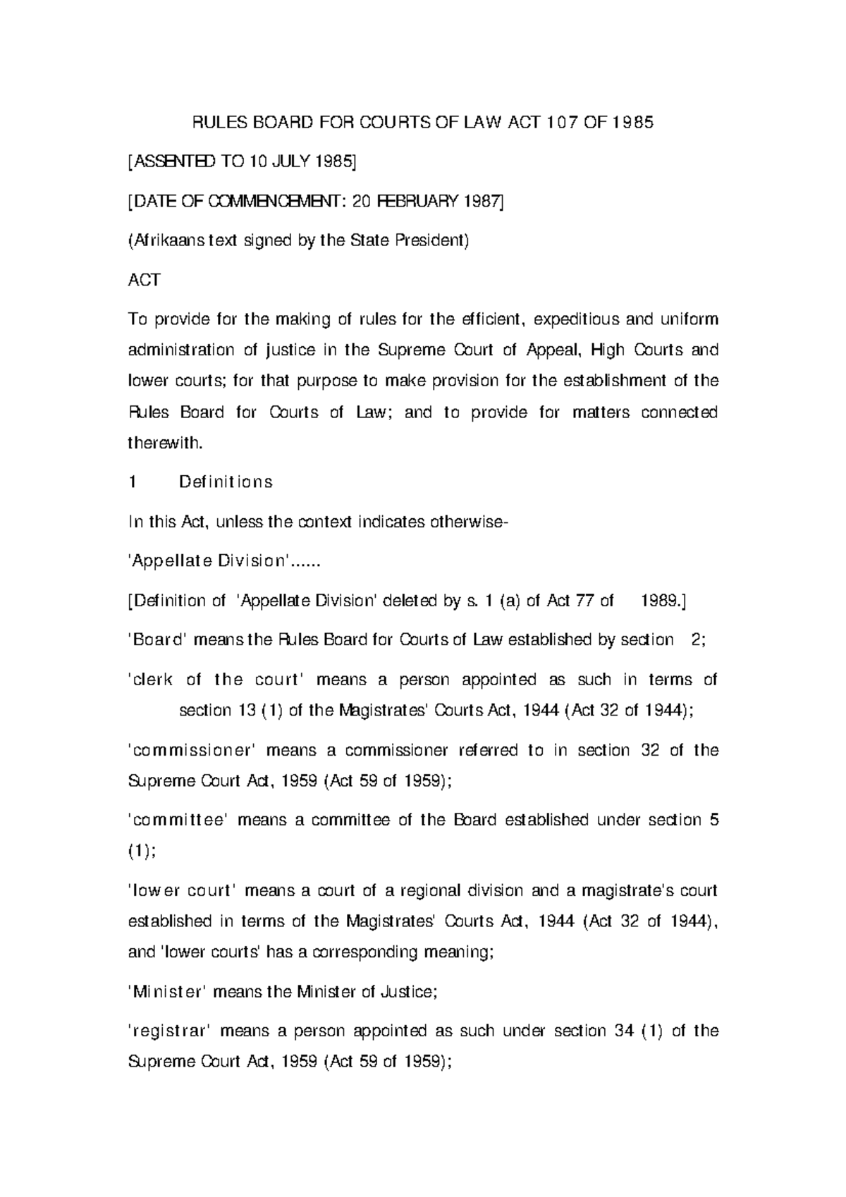 1 Rules Board FOR Courts OF LAW ACT 107 OF 1985 RULES BOARD FOR 1-rules-board-for-courts-of-law-act-107-of-1985-rules-board-for