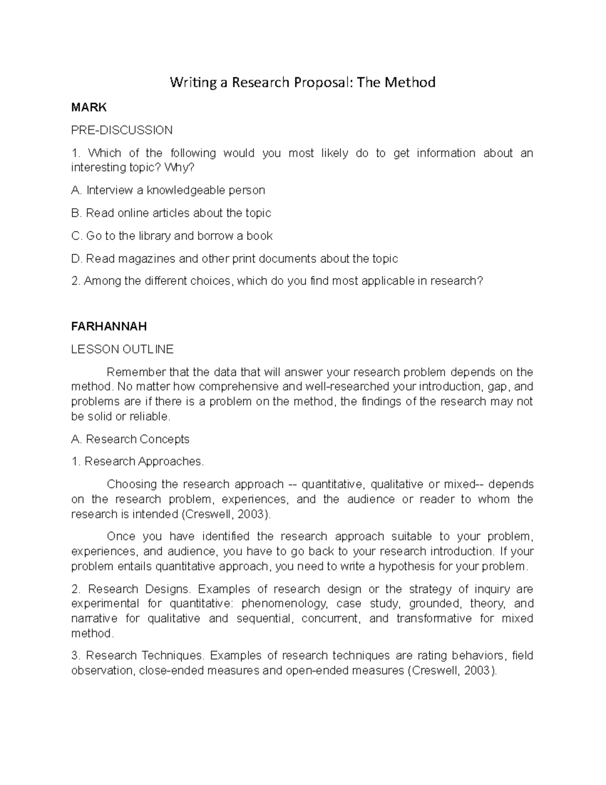 Reporting - Report - Writing a Research Proposal: The Method MARK PRE ...