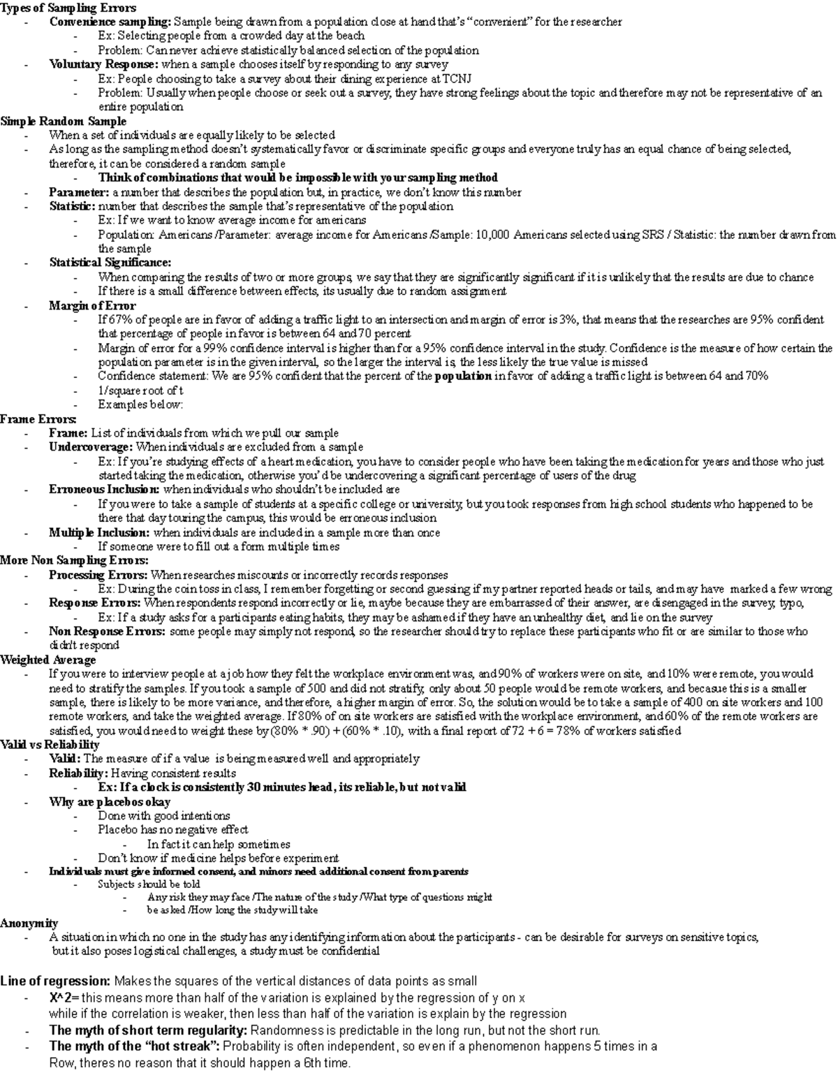 Stats cheat sheet Final - Types of Sampling Errors - Convenience ...