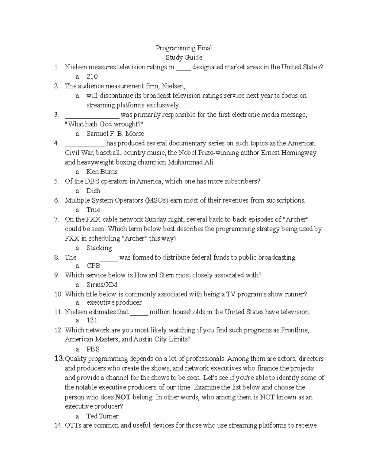 Programming Final - Study Guide - Programming Final Study Guide Nielsen ...