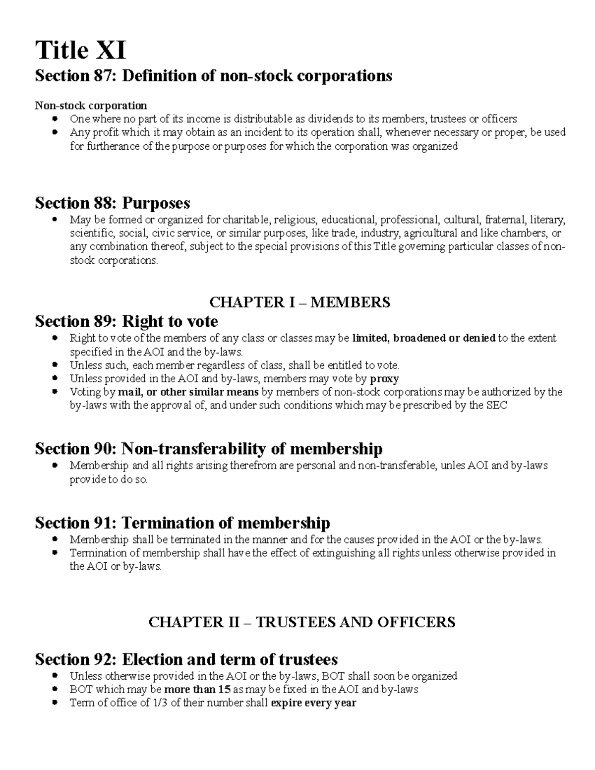 Title XI Non Stock Corporation Title XI Section 87 Definition Of Non