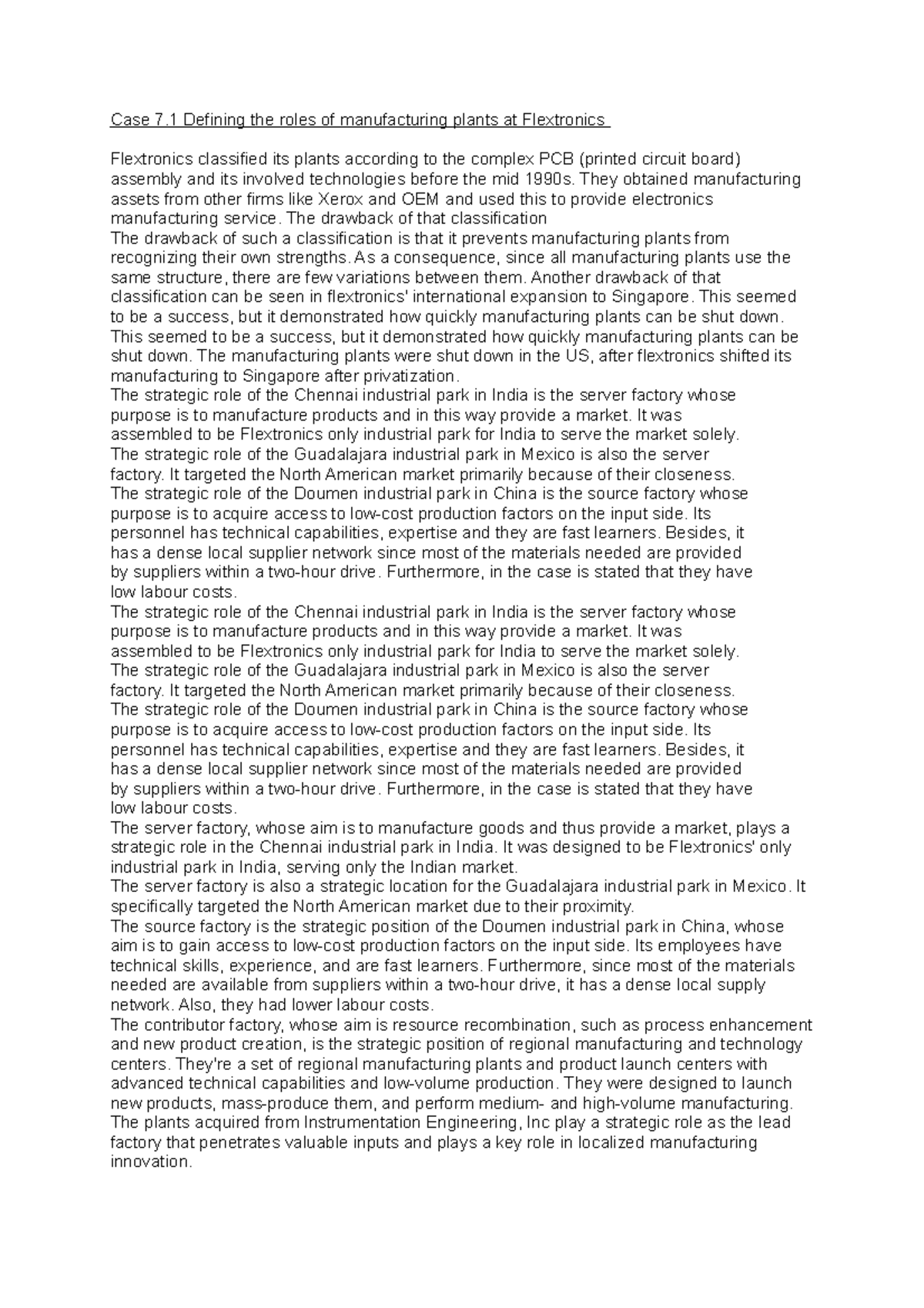 Case 7.1 Defining the roles of manufacturing plants at Flextronics - Case 7 Defining the roles ...
