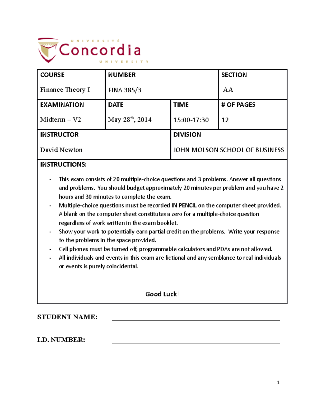 6 - Section AA May 15 2014 solution V2 - COURSE Finance Theory I NUMBER ...
