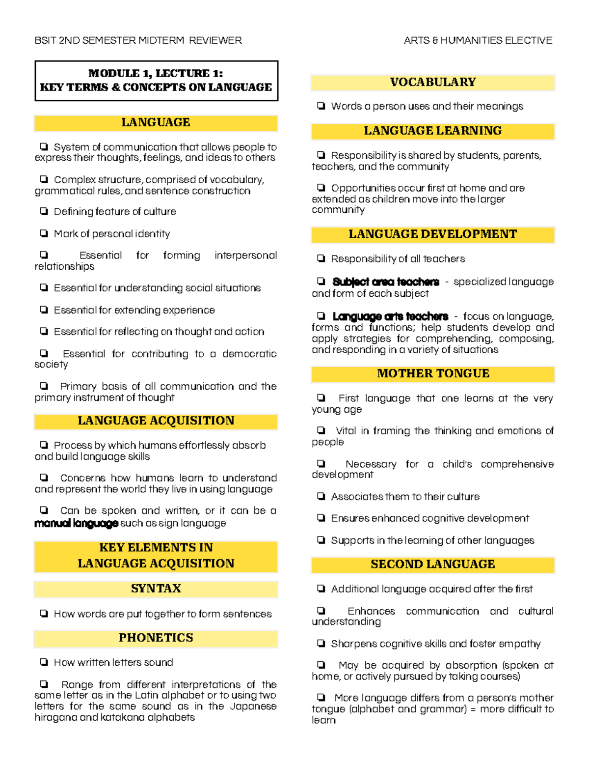 Copy of Ahelect Midterm Reviewer - MODULE 1, LECTURE 1: KEY TERMS & CONCEPTS ON LANGUAGE - Studocu