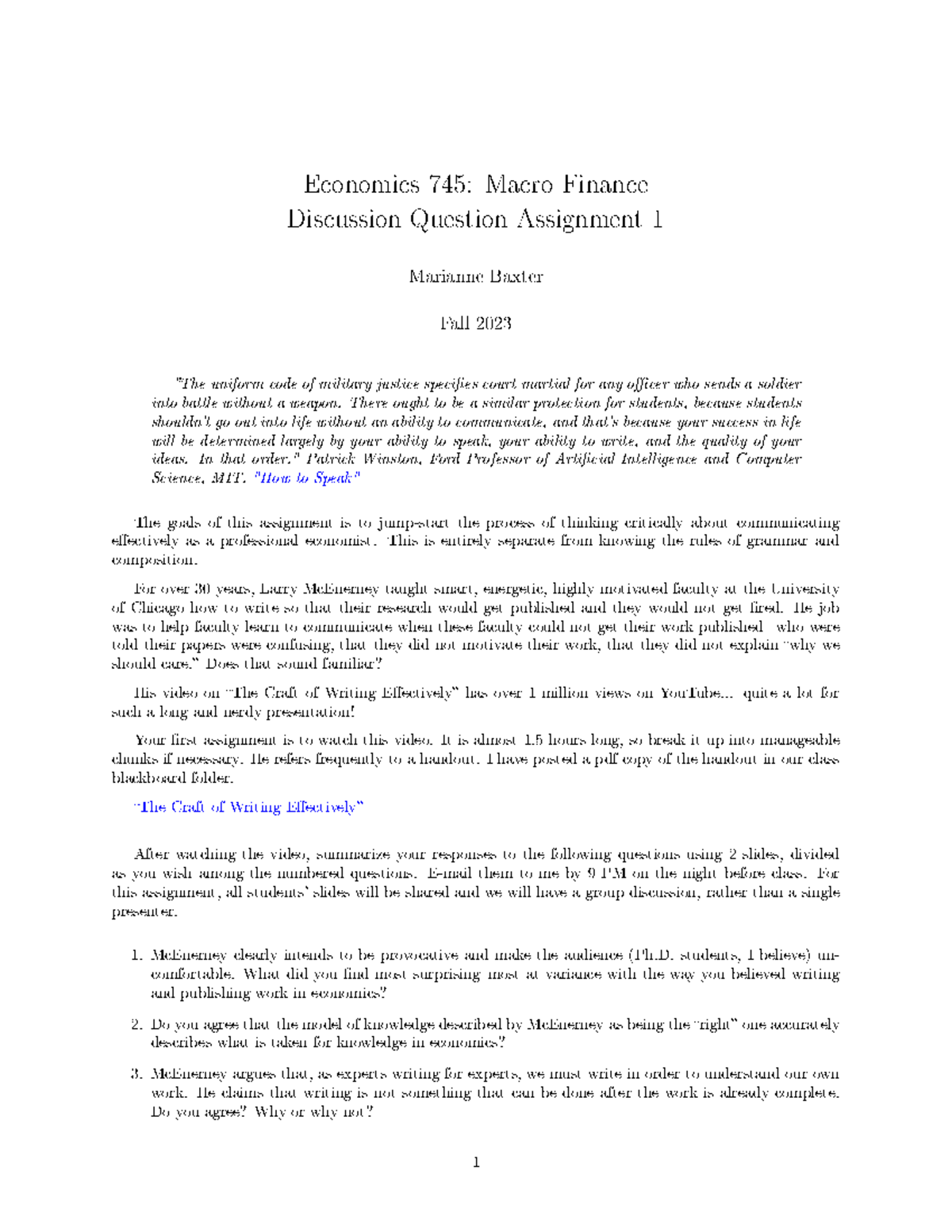 Ec745F23 Mc Enerney Assignment 1 - Economics 745: Macro Finance ...