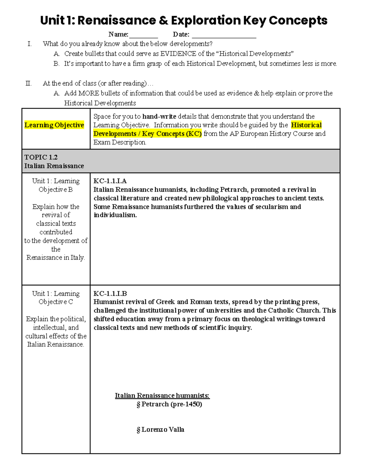 Unit 1 Renaissance and Exploration Note Catcher - Unit 1: Renaissance ...