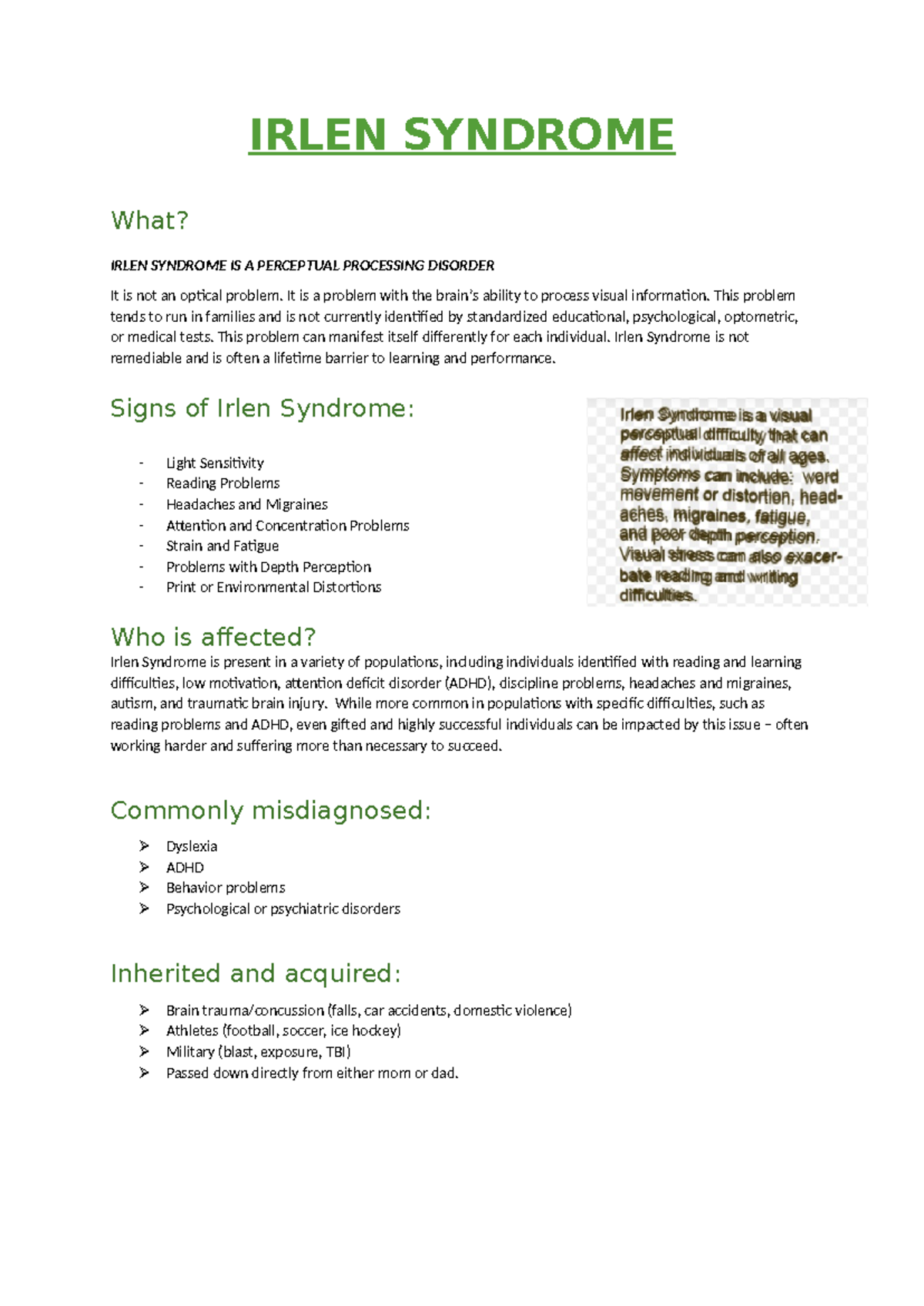 Irlen Syndrome - IRLEN SYNDROME What? IRLEN SYNDROME IS A PERCEPTUAL ...