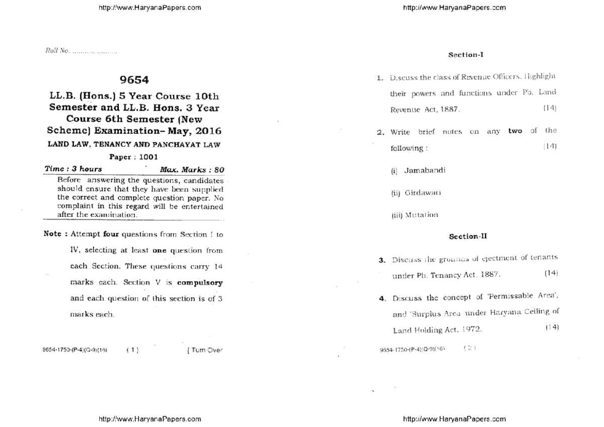 Llb 6 sem hons land law tenancy and panchayat law 9654 may 2016 - Llb - Studocu