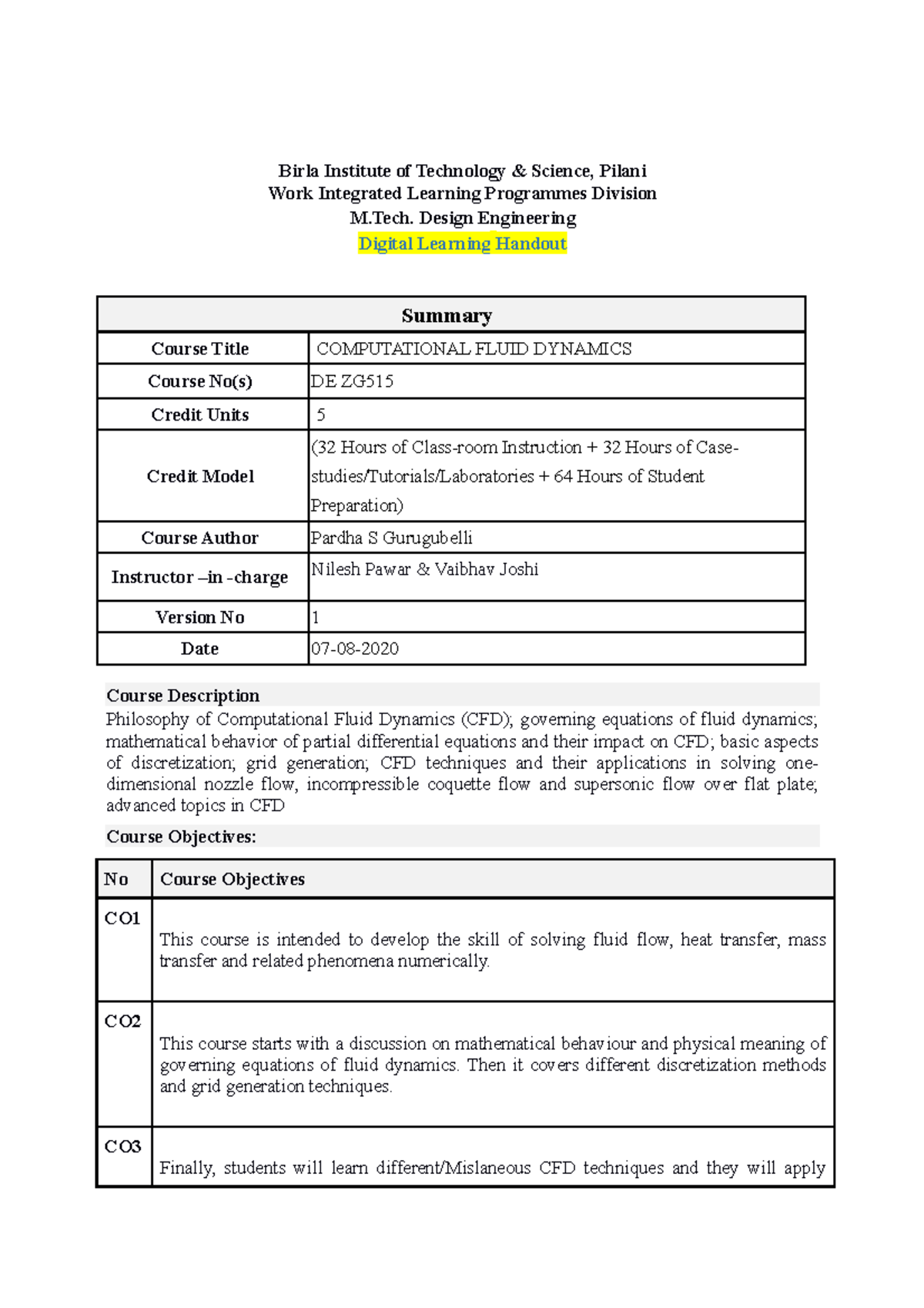 DE ZG515 Course Handout - Birla Institute of Technology & Science ...