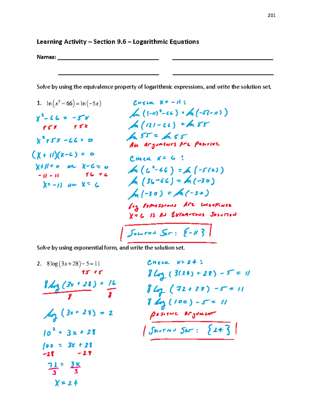M1105C 9.6 LAAK Logarithmic Equations W PG NUMS - Learning Activity ...