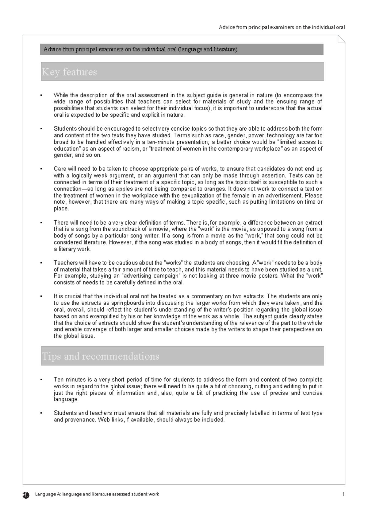 IO Advice from Principal Examiners PRC - Language A: language and ...