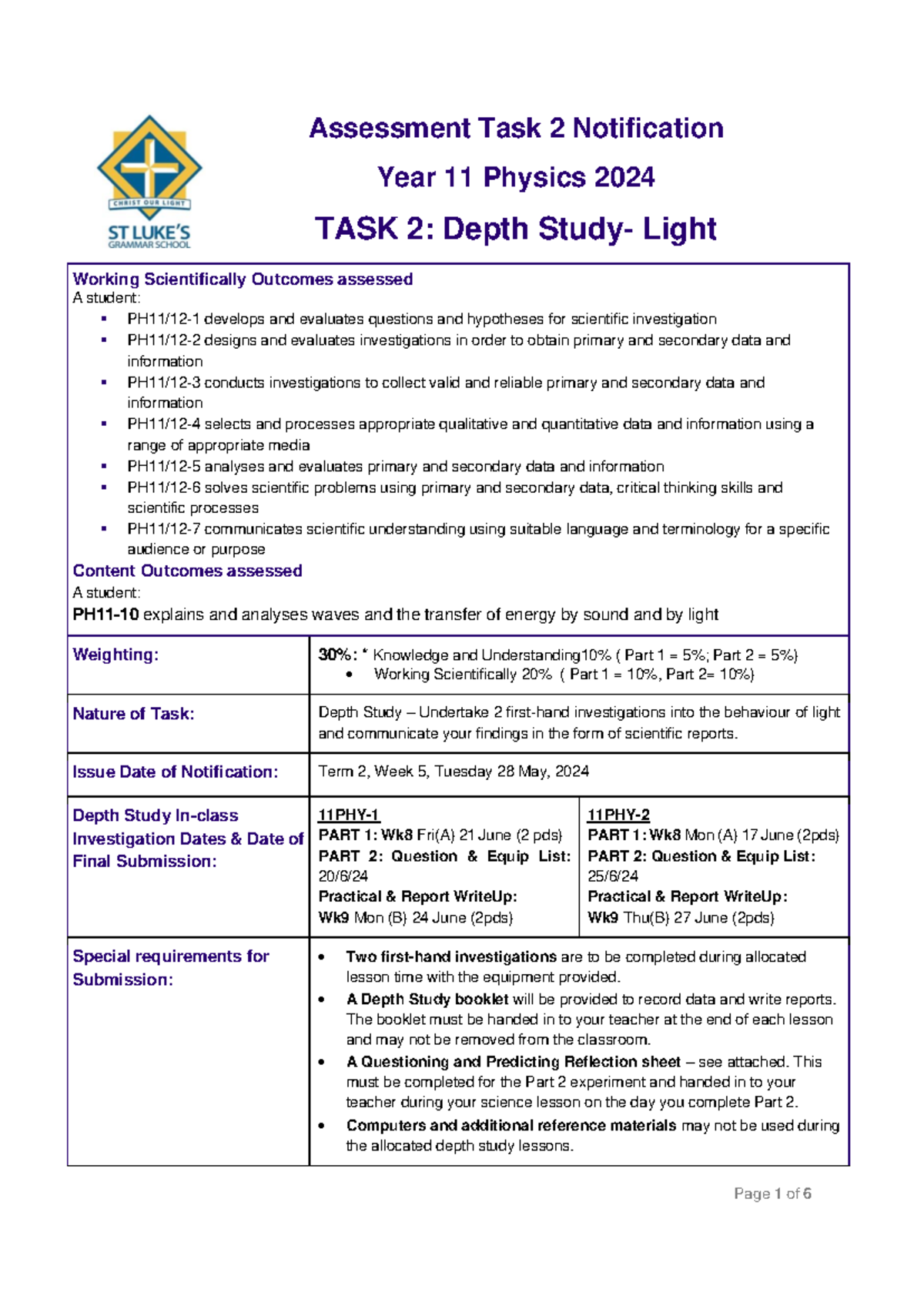 TASK 2 Depth Study Light Task Notification 2024 final v3 - Assessment ...