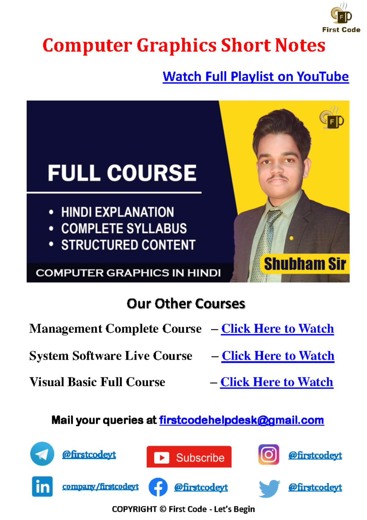 Computer Graphics Short Notes by Shubham Sir First Code-Let's Begin ...