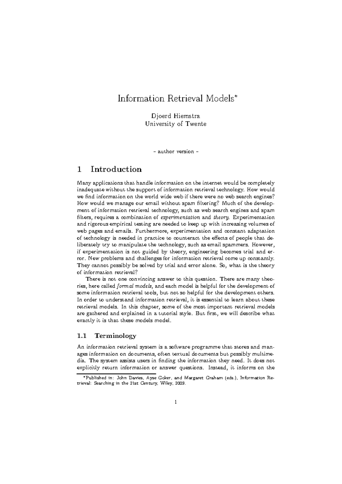 IRModels Tutorial-draft - Information Retrieval Models ∗ Djoerd ...