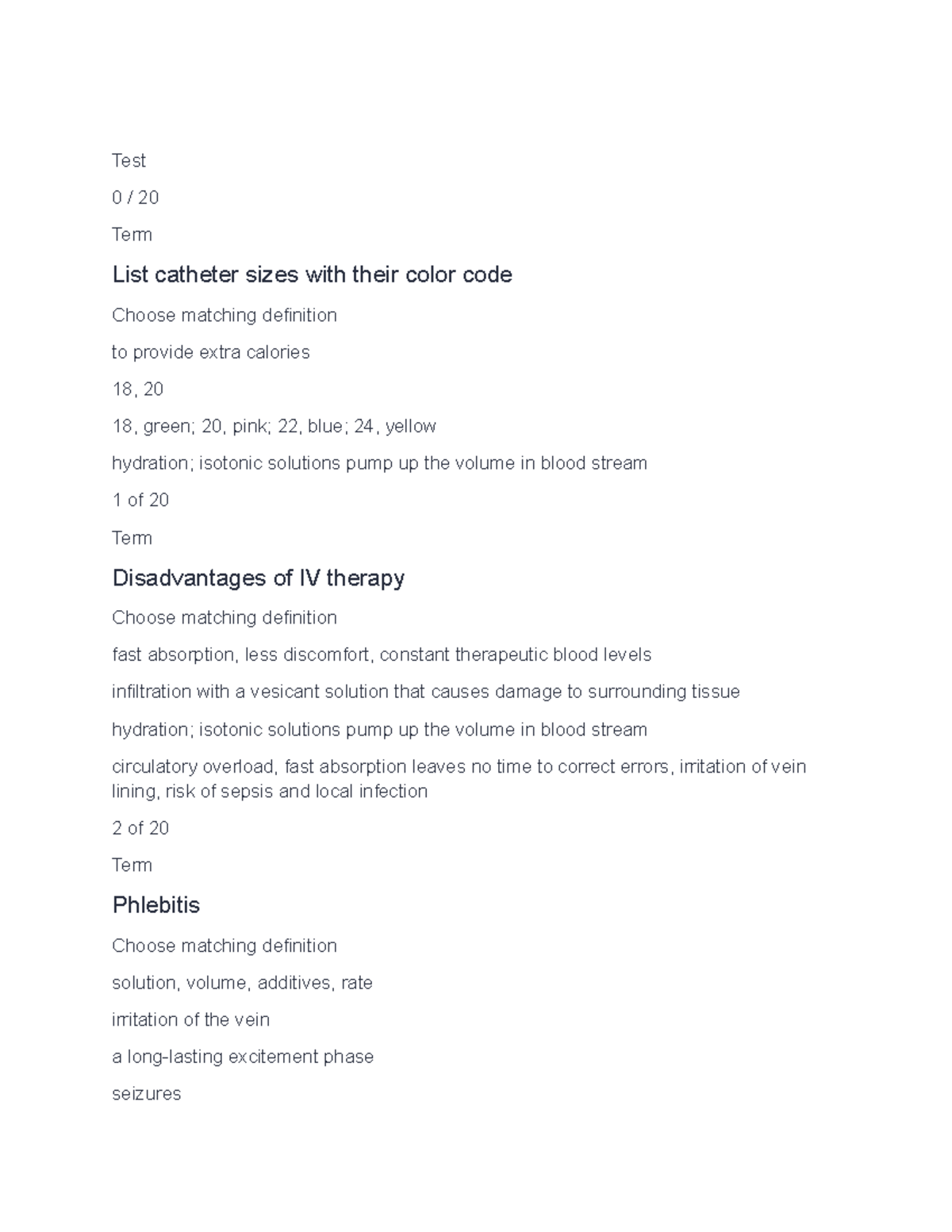 IV Therapy - Coursework - Test 0 / 20 Term List catheter sizes with ...