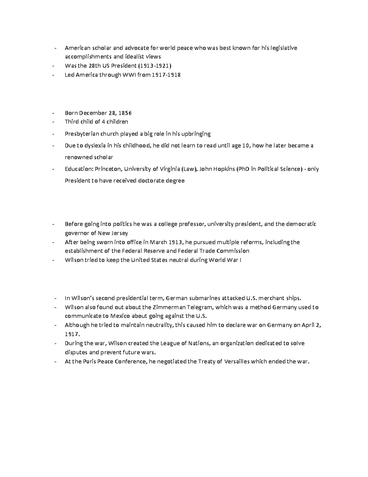 Woodrow Wilson Notes - American scholar and advocate for world peace ...