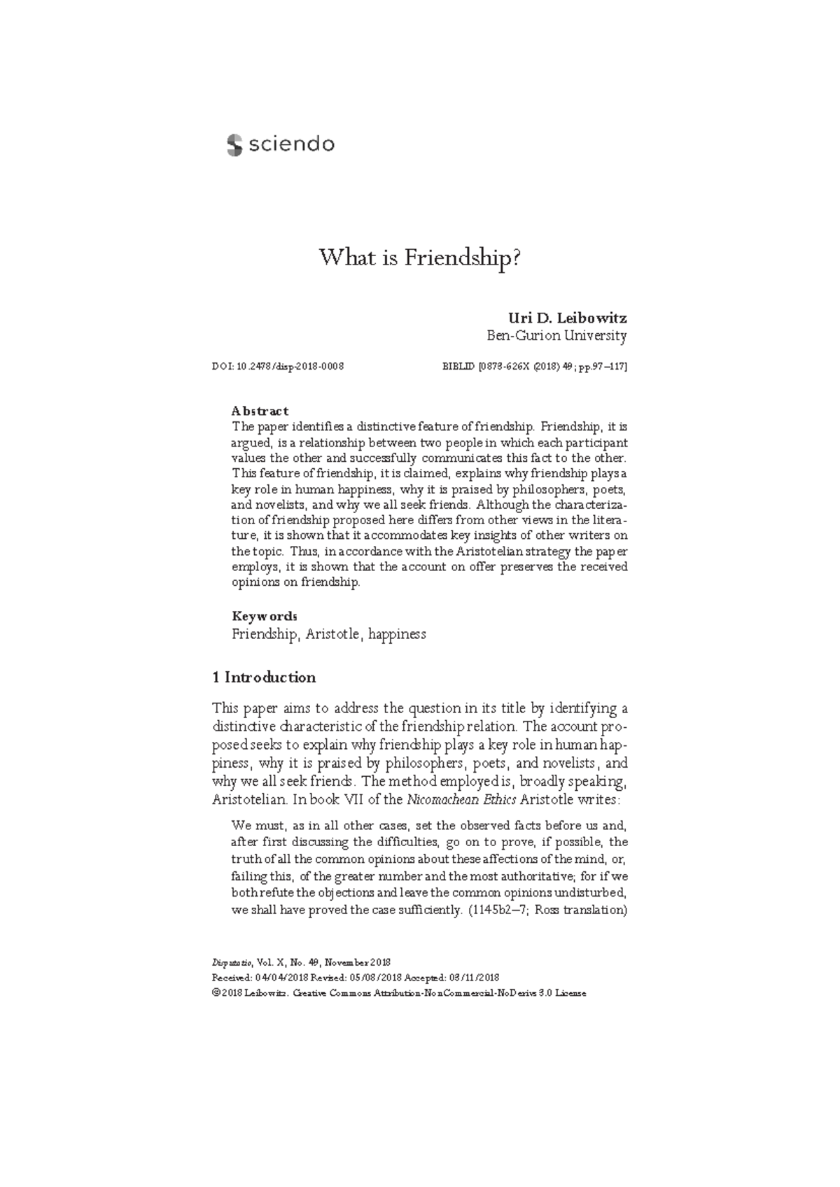 What is Friendship article - Disputatio, Vol. X, No. 49, November 2018 ...