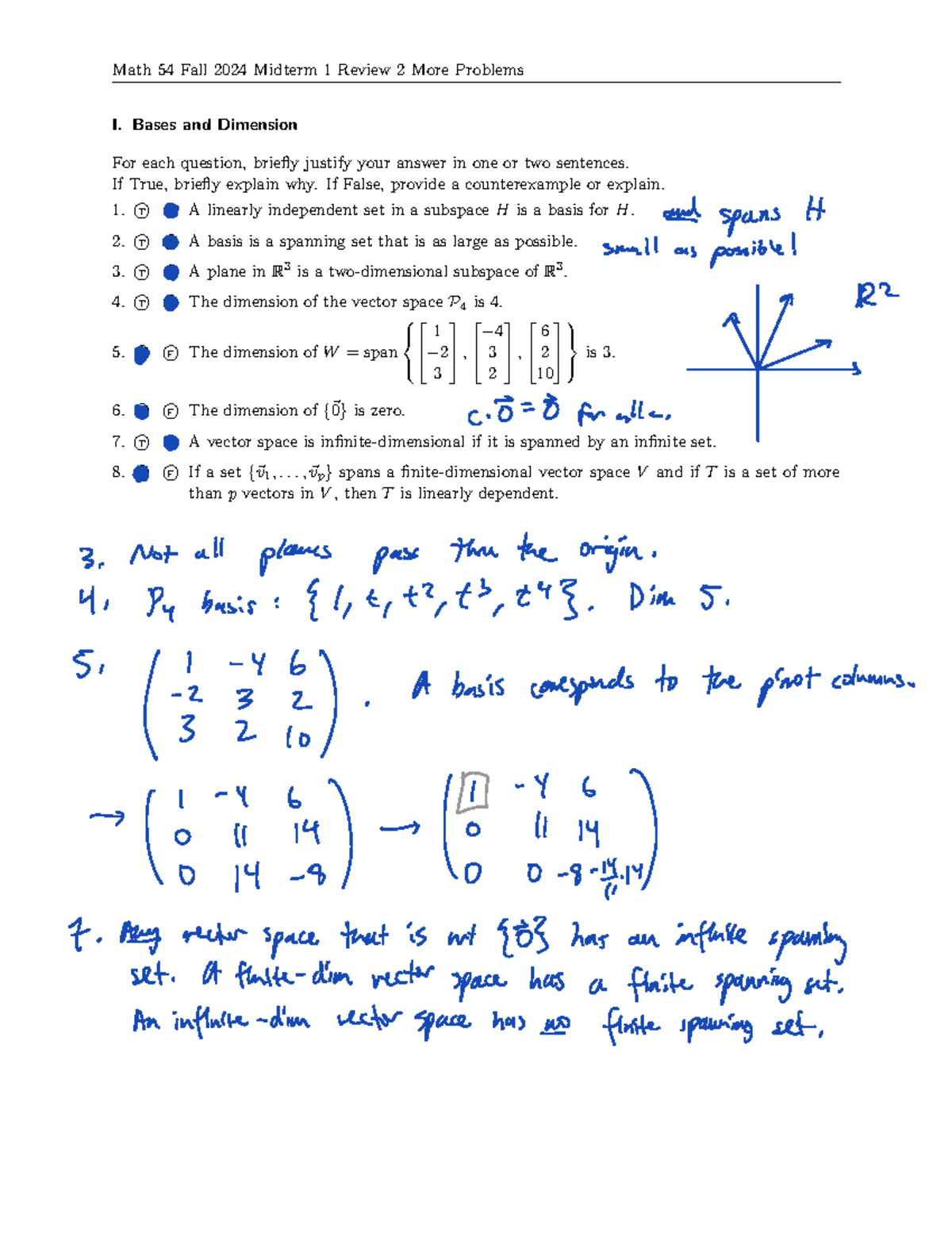 54F24 Midterm 1 More Practice 2 Annotated - I. Bases and Dimension For ...