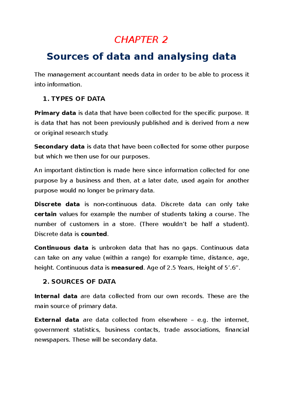 Chapter 2 - CHAPTER 2 Sources of data and analysing data The management ...