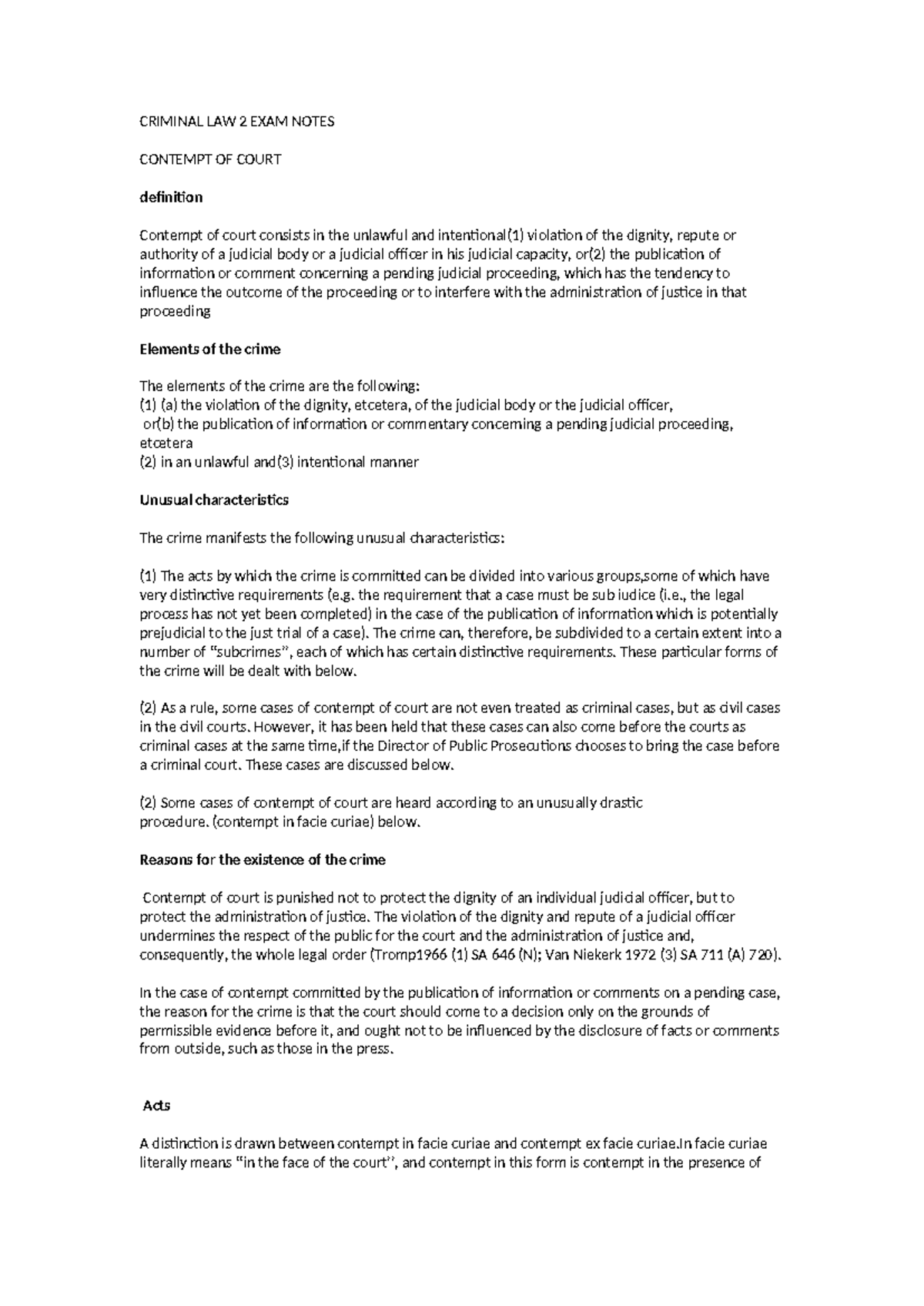 Criminal LAW 2 EXAM Notes - CRIMINAL LAW 2 EXAM NOTES CONTEMPT OF COURT ...