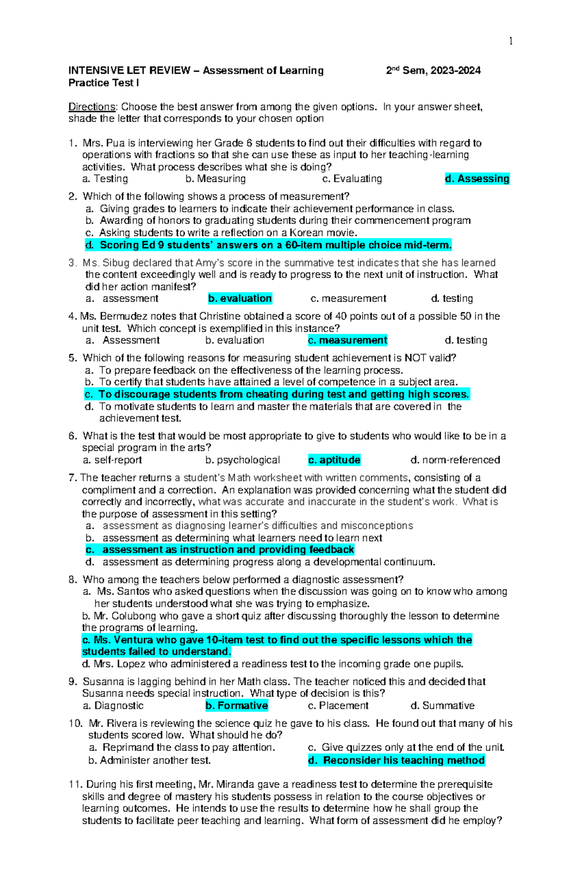 Answers Assessment of Learning - INTENSIVE LET REVIEW – Assessment of ...