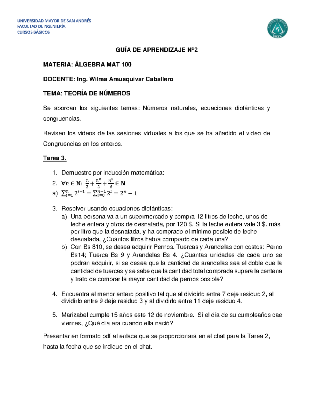 GUÍA MAT 100 No 3 - mate 100 - Algebra - UMSA - Studocu
