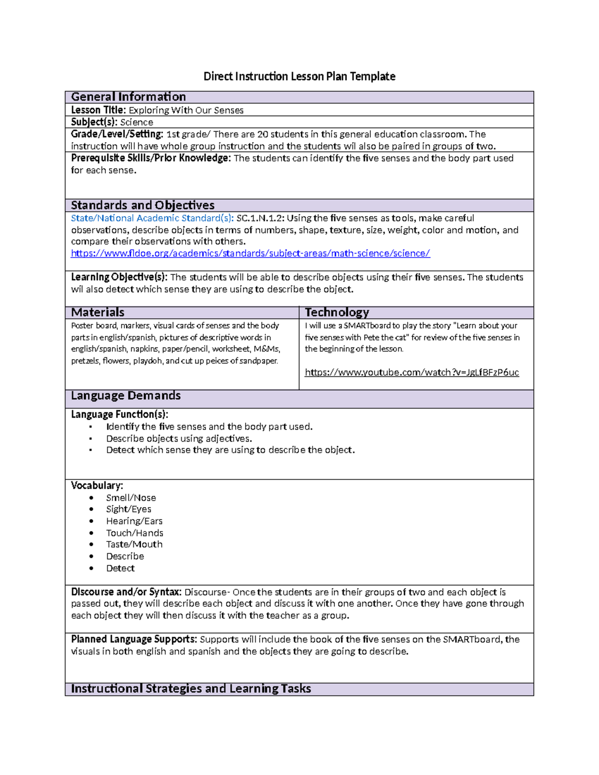 Task 2 lesson plan - Direct Instruction Lesson Plan Template General Information Lesson Title ...