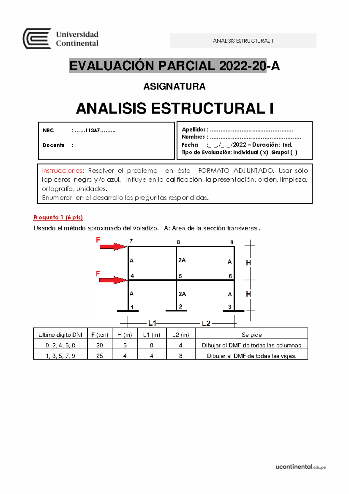 EP-2022-20A (3 prob) 11367 - ANALISIS ESTRUCTURAL I EVALUACIÓN PARCIAL 2022-20-A ASIGNATURA ...