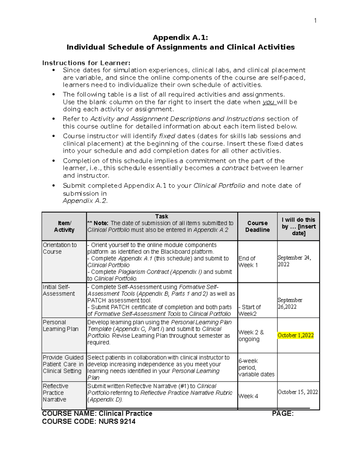 assignment schedule - Appendix A: Individual Schedule of Assignments ...